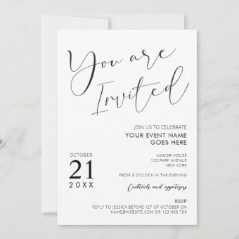 Minimalist Black White Script Logo Business Party Invitation | Zazzle