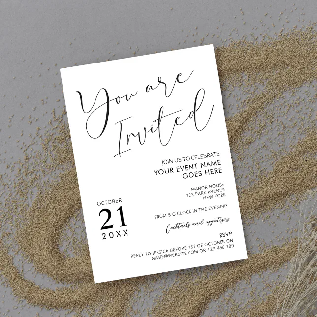 Minimalist Black White Script Logo Business Party Invitation | Zazzle