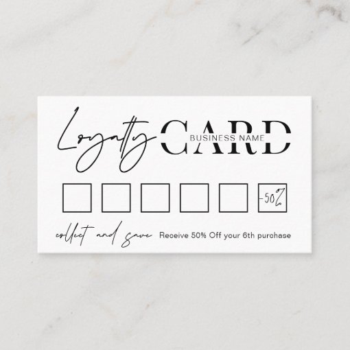 Minimalist Black White Script Logo Rewards Loyalty Card | Zazzle