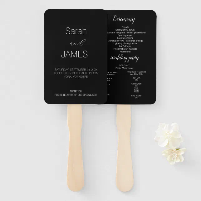 Minimalist Black & White Script Wedding Program Hand Fan | Zazzle