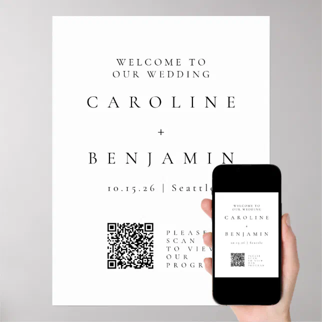 Minimalist Black White Wedding Program QR Code Poster | Zazzle