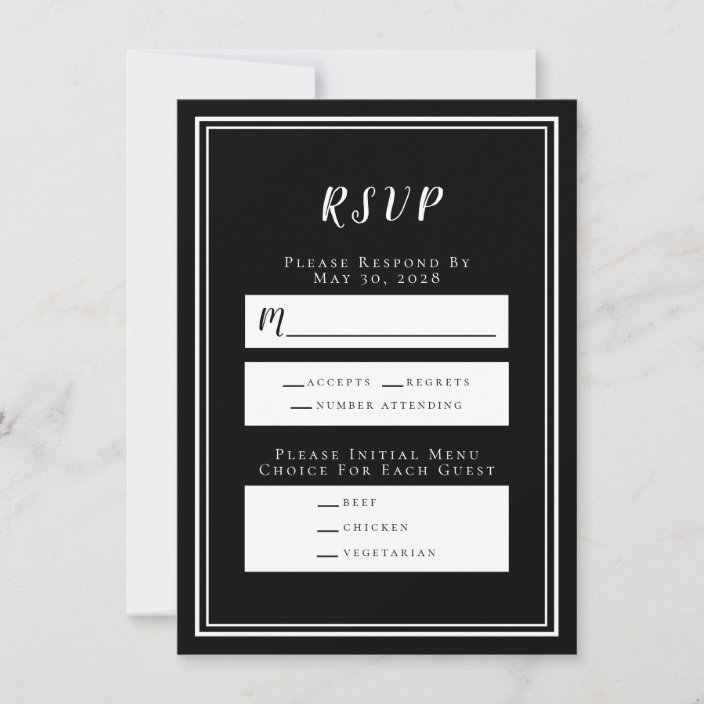 Minimalist Black & White Wedding RSVP Menu Card | Zazzle.com