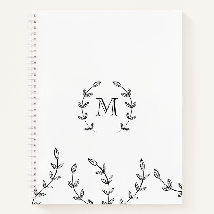 Minimalist Black & White Wreath - Custom Monogram Notebook | Zazzle.com