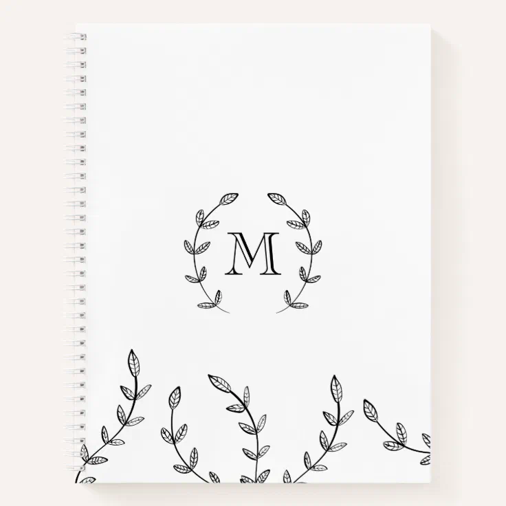 Minimalist Black & White Wreath - Custom Monogram Notebook | Zazzle