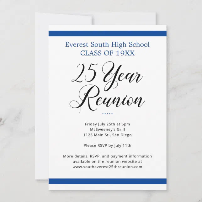 Minimalist Blue and White 25 Year Class Reunion Invitation | Zazzle