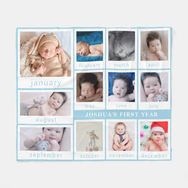 Minimalist Blue Baby's First Year Photos Fleece Blanket | Zazzle