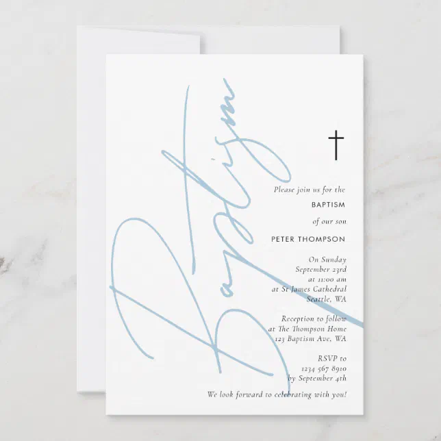 Minimalist Blue Boy Script Baptism Christening Invitation | Zazzle