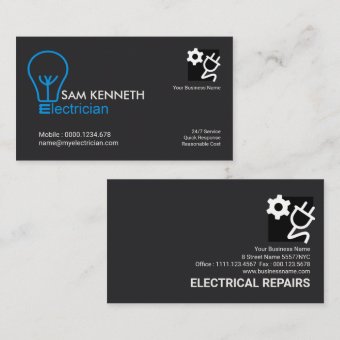 Minimalist Blue Electrician Bulb Electrical Business Card | Zazzle