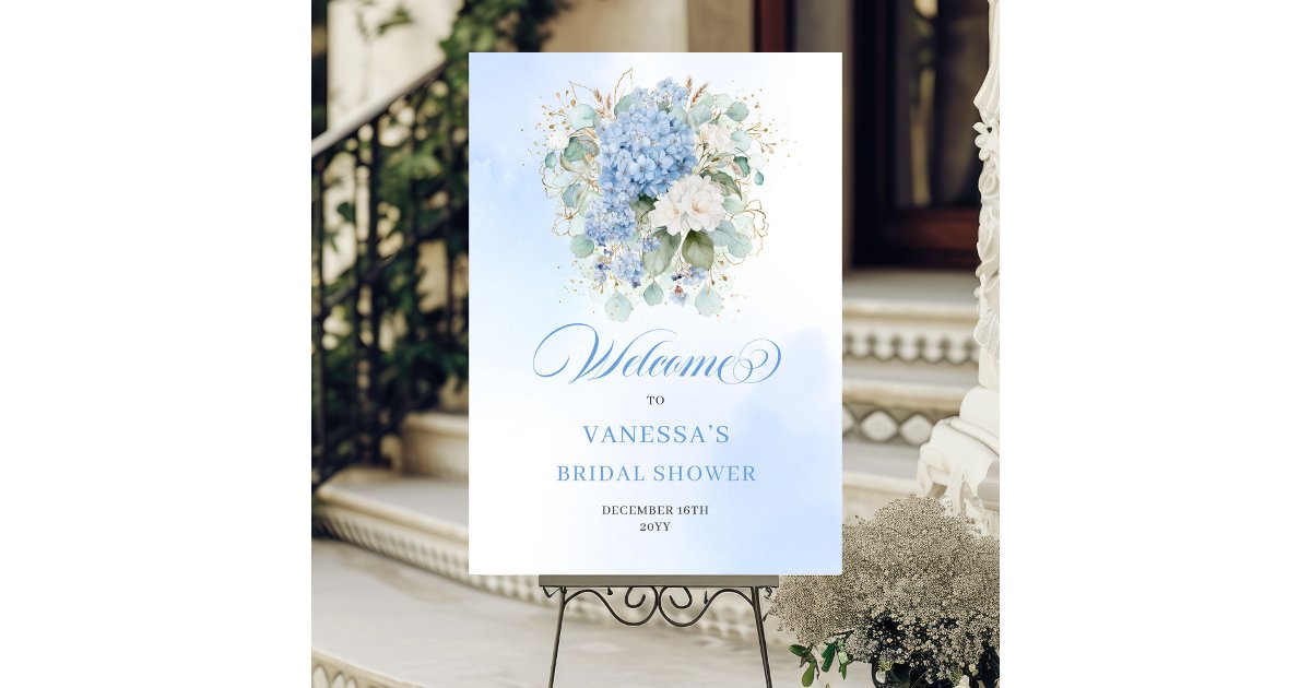 Minimalist Blue Hydrangea Gold Welcome Poster | Zazzle