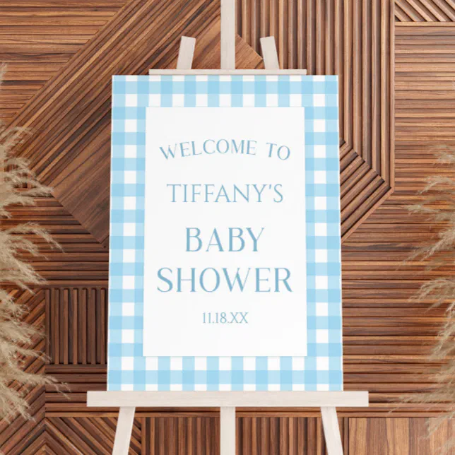 Minimalist Blue Plaid Baby Shower Welcome Sign | Zazzle