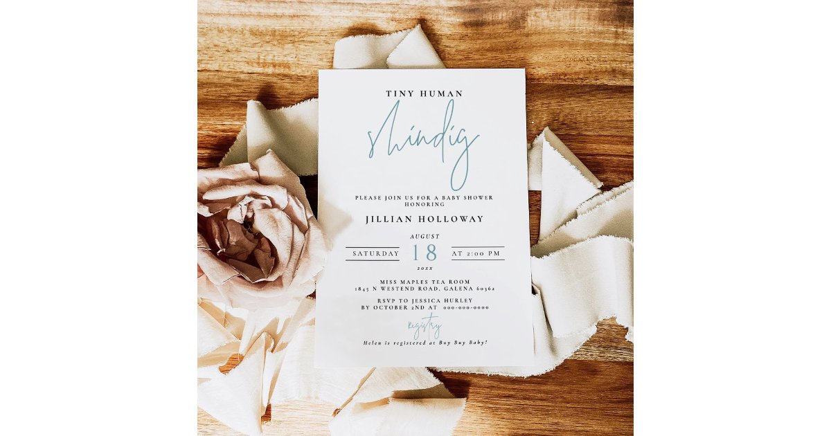 Minimalist Blue Tiny human Shindig Baby Shower Invitation | Zazzle