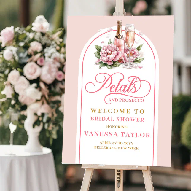 Minimalist blush petals and prosecco welcome foam board | Zazzle
