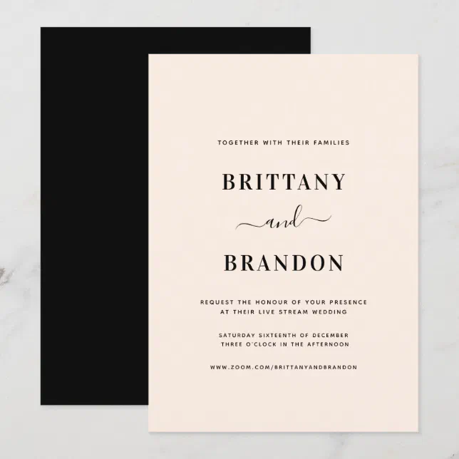 Minimalist Blush Pink Black Live Stream Wedding Invitation | Zazzle