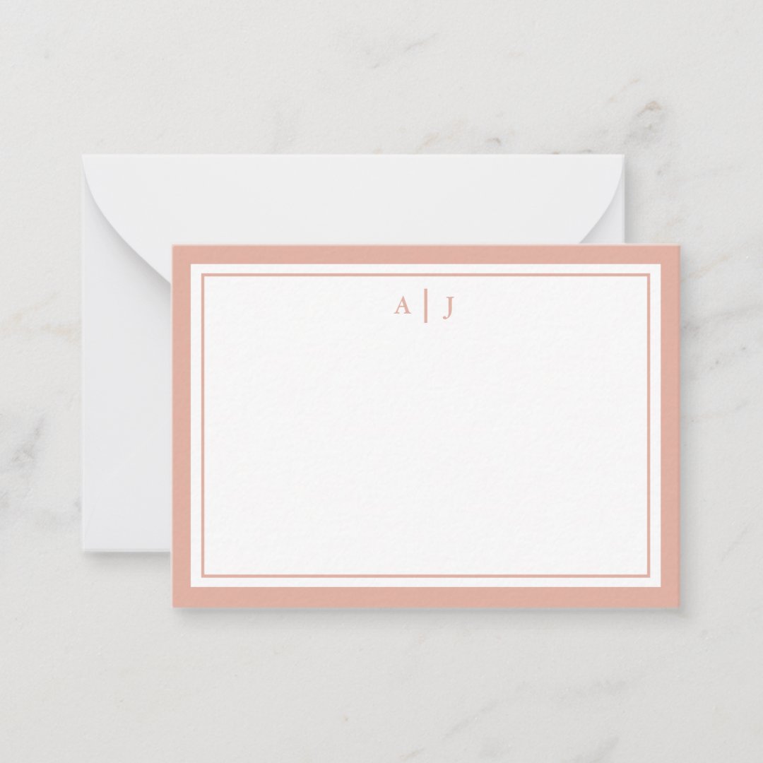 Minimalist Blush Pink Two Border Monogram Note Card | Zazzle