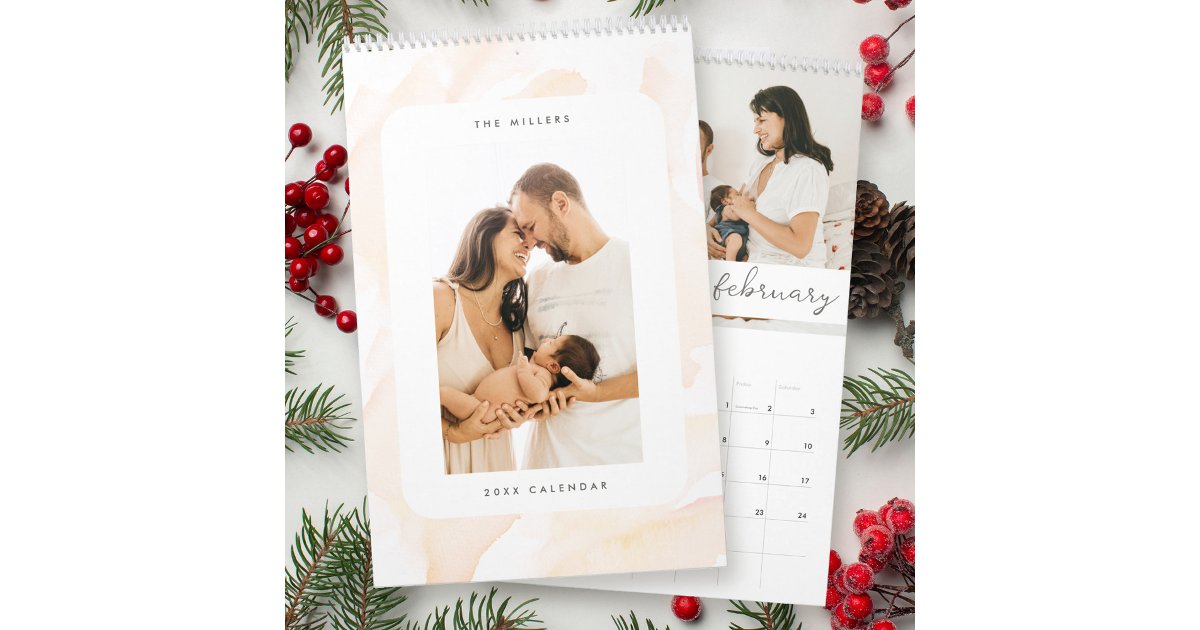 Minimalist Blush Pink Watercolor Family Photo Calendar | Zazzle
