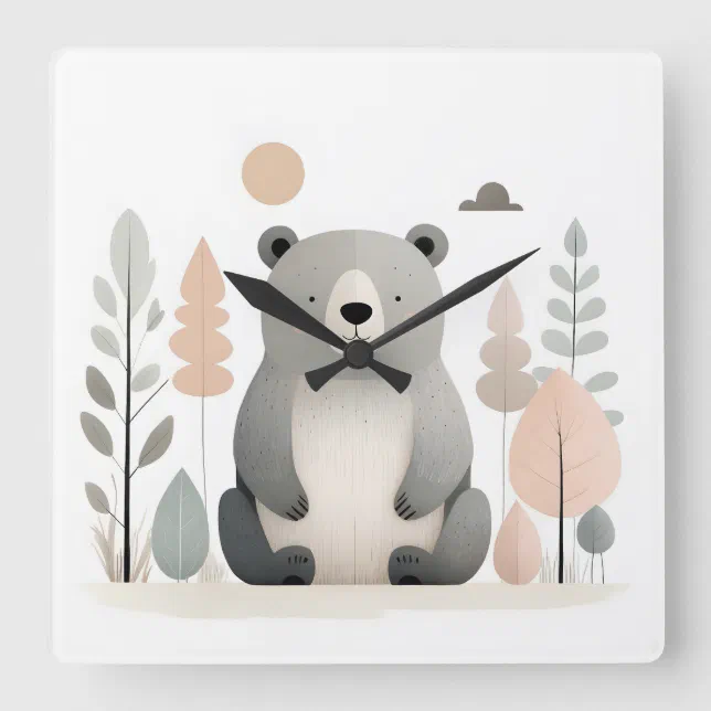 Minimalist Boho Bear Woods Cute Nursery Kids Room Square Wall Clock ...