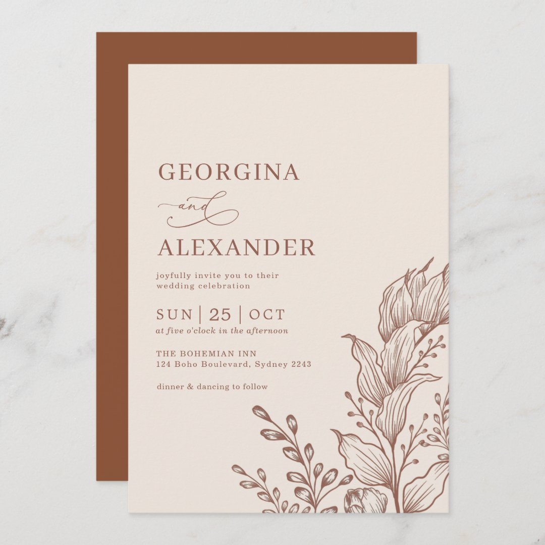 Minimalist Boho Botanical Terracotta Wedding Invit Invitation | Zazzle