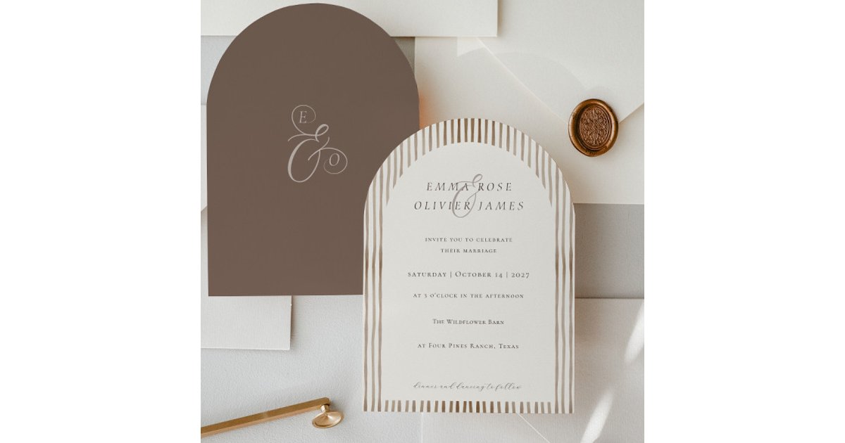Minimalist Boho Cocoa Brown Stripes Ivory Wedding Invitation | Zazzle