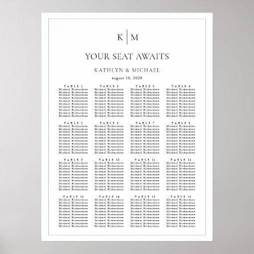 Minimalist Border Wedding 16 Table Seating Charts | Zazzle