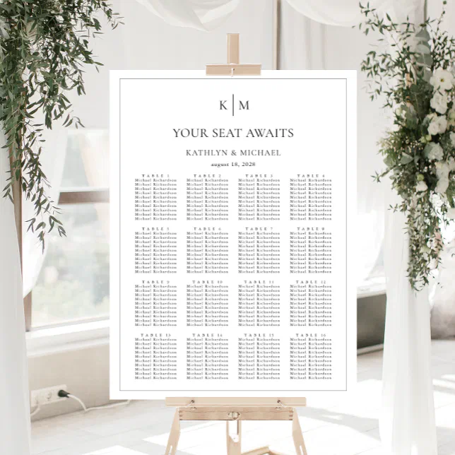 Minimalist Border Wedding 16 Table Seating Charts | Zazzle