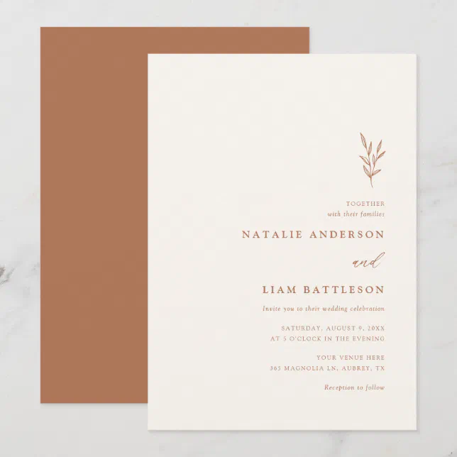 Minimalist Botanical Burnt Orange Wedding Invitati Invitation | Zazzle
