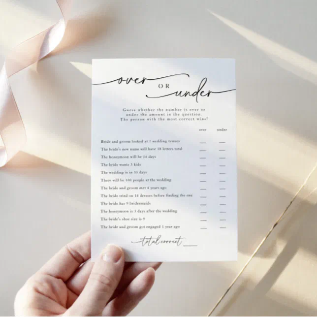 Minimalist Bridal Shower "Over Or Under" Game Card | Zazzle