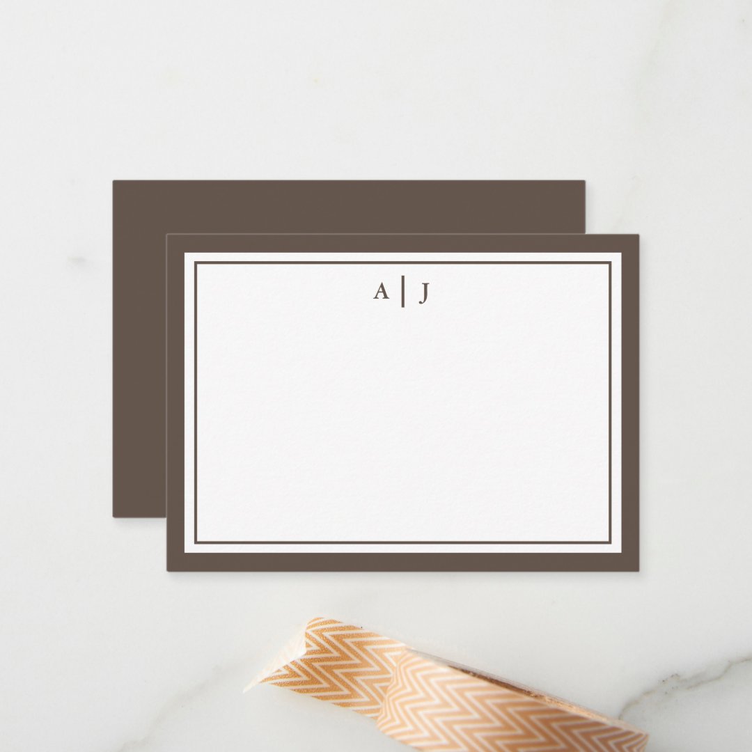Minimalist Brown Two Border Monogram Note Card | Zazzle