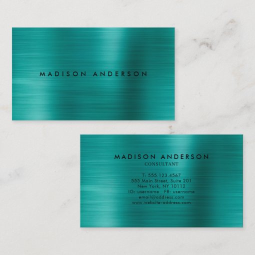 Minimalist Brushed Metal Teal Green Business Card | Zazzle