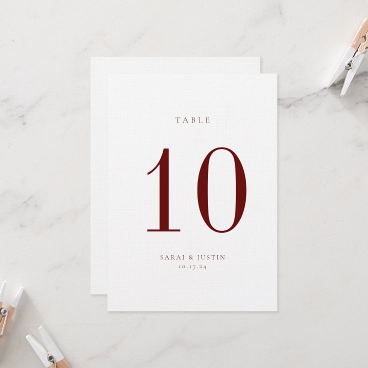 Minimalist Burgundy Wedding Table Number Card | Zazzle