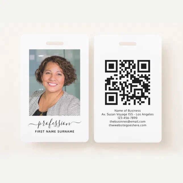 Minimalist Business ID with Photo and QR Code Badge | Zazzle
