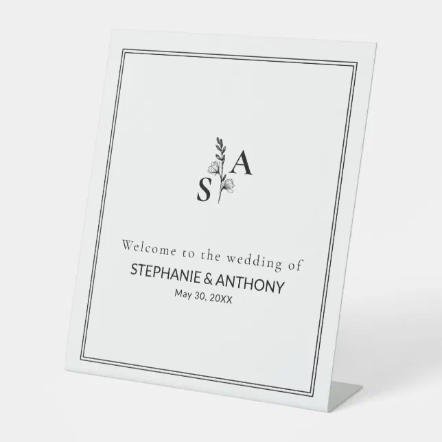 Minimalist BW Monogram Wildflower Wedding Pedestal Sign | Zazzle