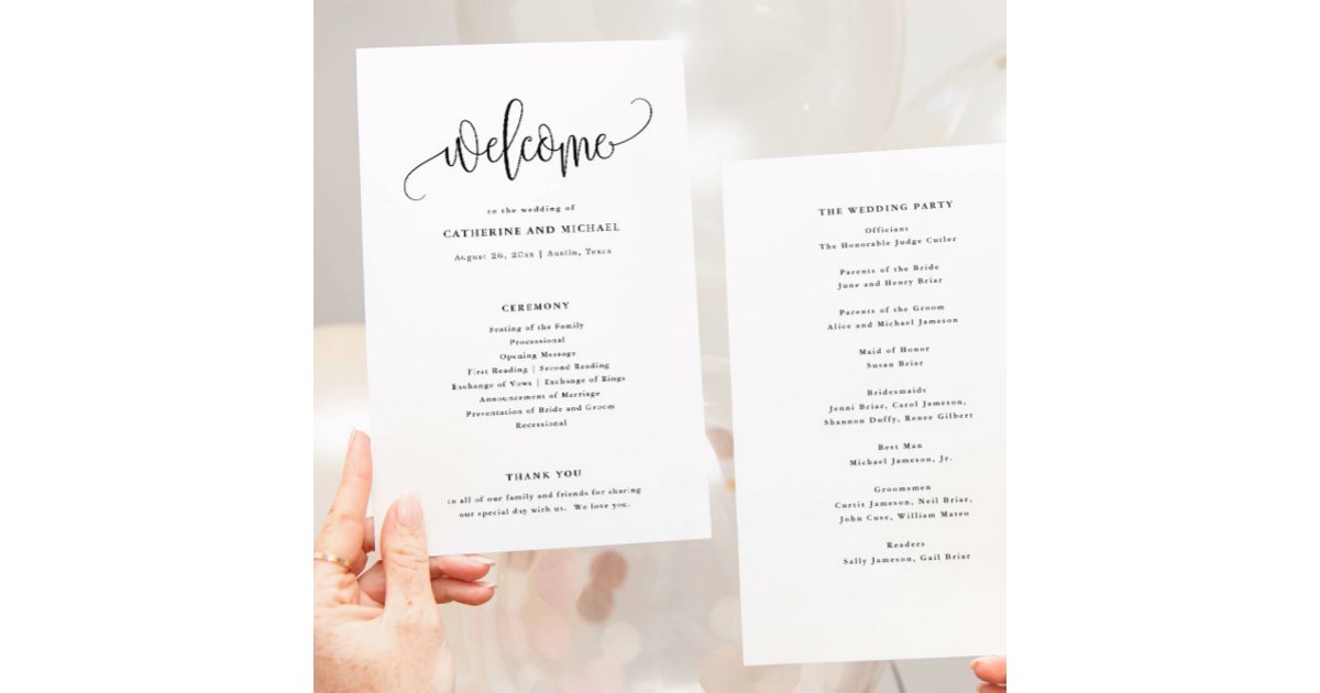 Minimalist Calligraphy Black + White Paper Program | Zazzle