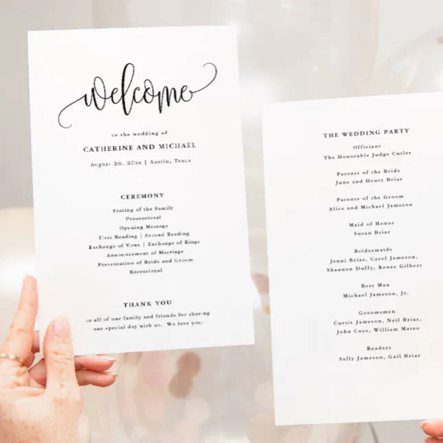 Minimalist Calligraphy Black + White Paper Program | Zazzle