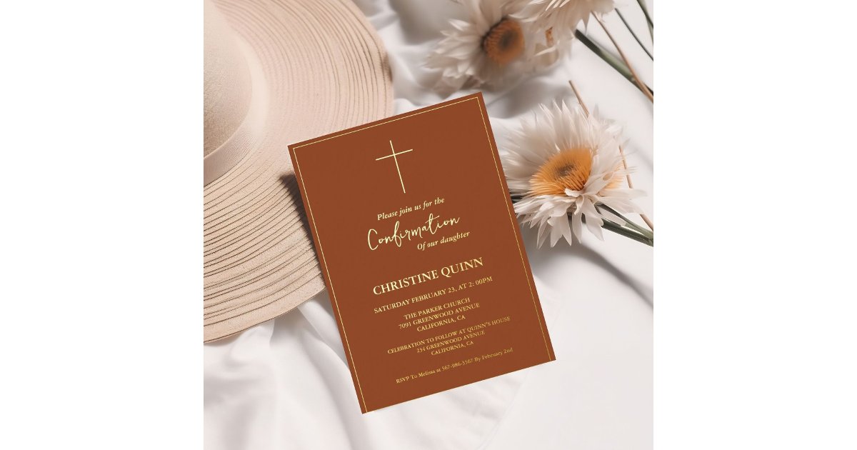Minimalist Calligraphy Burnt Orange Confirmation Foil Invitation | Zazzle