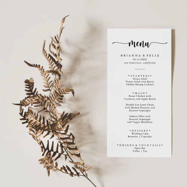 Minimalist Calligraphy Dinner Menu | Zazzle
