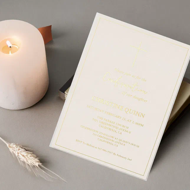 Minimalist Calligraphy Ivory And Gold Confirmation Foil Invitation | Zazzle