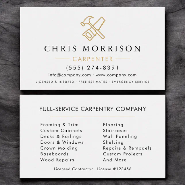 Minimalist Carpenter White Gold Modern Business Card | Zazzle