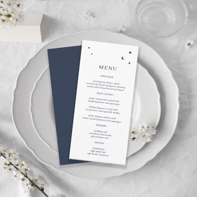 Minimalist Celestial Stars and Moon White and Navy Menu | Zazzle