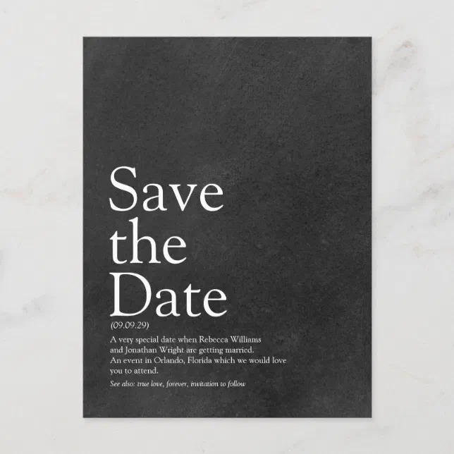 Minimalist Chalkboard Save the Date Definition Announcement Postcard ... Minimalist Chalkboard Save the Date Definition Announcement Postcard ...