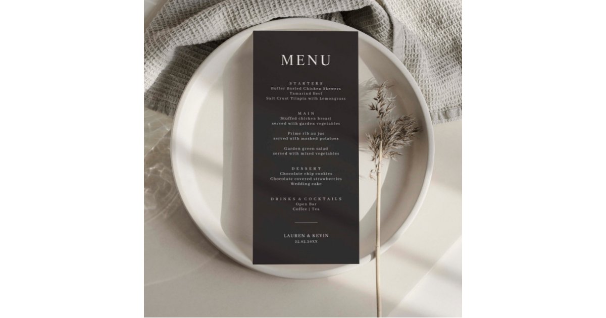 Minimalist Charcoal Simple Wedding Menu Card | Zazzle