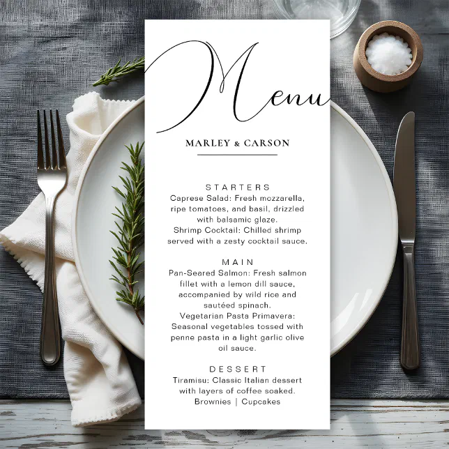 Minimalist Chic Calligraphy Script Wedding Dinner Menu | Zazzle