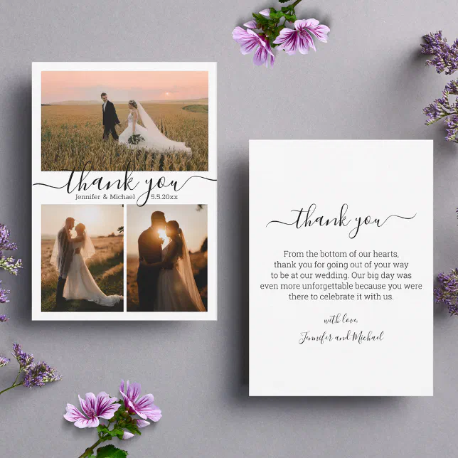 minimalist chic thank you 3 photos collage wedding note card | Zazzle