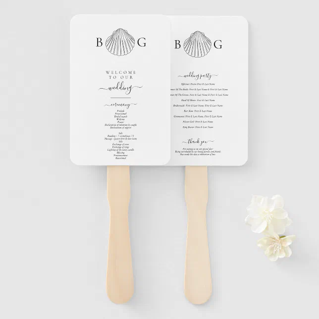 Minimalist Clam Seashell Monogram Wedding Program Hand Fan | Zazzle