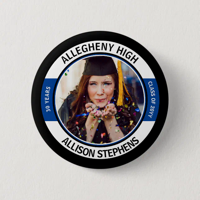 Minimalist Class Reunion Photo - Black Blue White Button | Zazzle