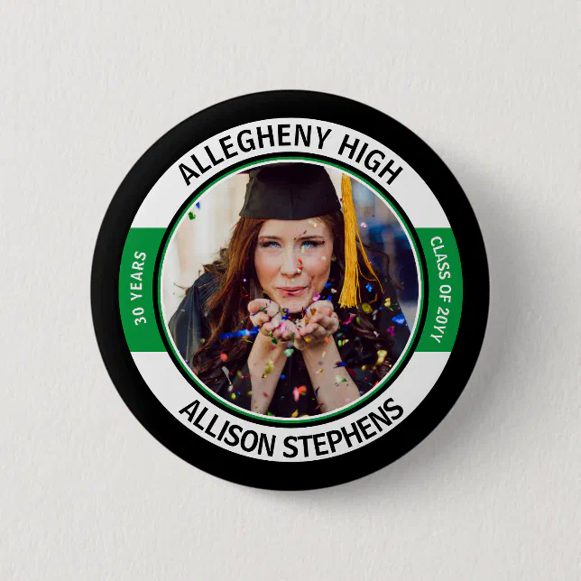 Minimalist Class Reunion Photo -Black Green White Button | Zazzle