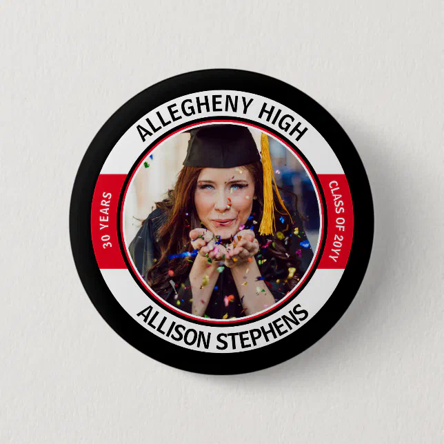 Minimalist Class Reunion Photo - Black Red White Button | Zazzle