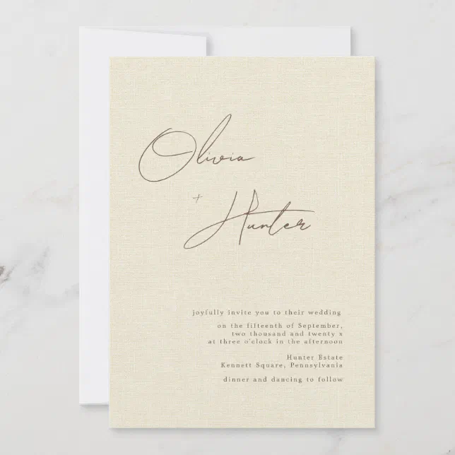 Minimalist Cream Faux Linen Wedding Invitation | Zazzle