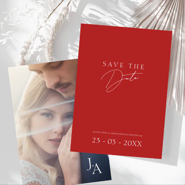 Minimalist Crimson Red Script Photo Wedding Save The Date | Zazzle