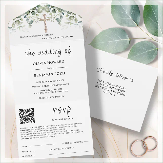 Minimalist Cross Religious QR Code All In One Invitation | Zazzle