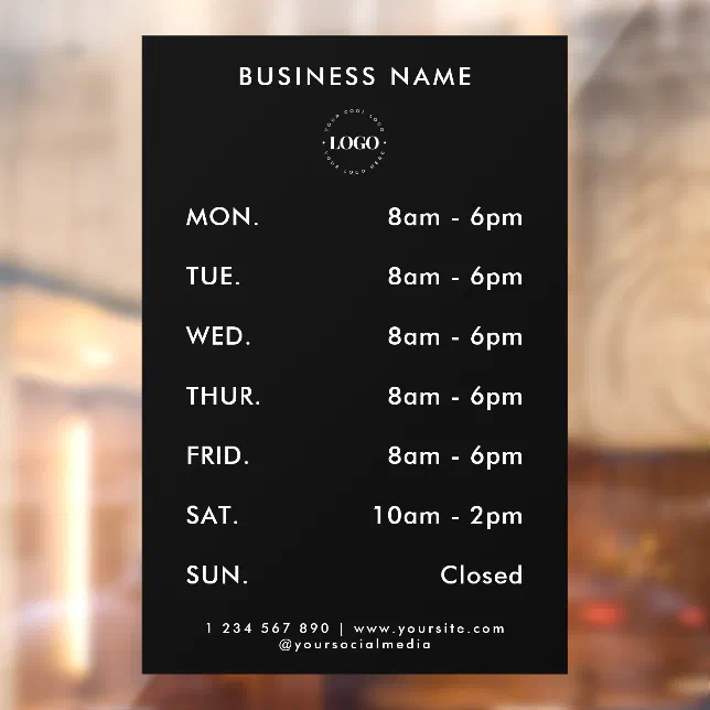 Minimalist Custom Business Logo & Opening Hours Window Cling | Zazzle